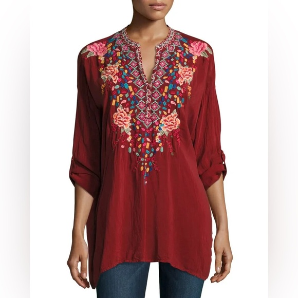Johnny Was | Tops | Johnny Was Red Embellished Tunic With Mandarin ...